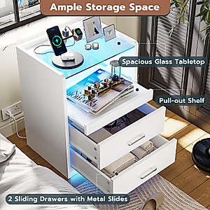 VIAGDO White Nightstand with Charging Station and LED Lights, 2 Drawers LED Night Stand with Tempered Glass Tabletop, Modern End Side Tables with Pull-Out Tray, Open Storage Bedside Tables
