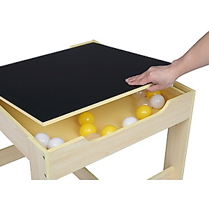 Guangshuohui Wood Table & 2 Chairs Set, 3 in 1 Activity Table w/Storage, Removable Tabletop, Blackboard, 3-Piece Furniture Set for Art, Crafts, Drawing, Reading, Playroom (Wood Color)