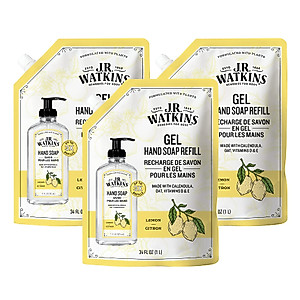 J.R. Watkins Gel Hand Soap Refill, Moisturizing Hand Wash, All Natural, Alcohol-Free, Cruelty-Free, USA Made, Lemon, 34 Fl Oz, 3 Pack