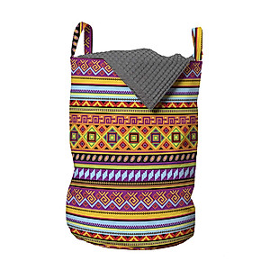 Ambesonne Mexican Laundry Bag, Folkloric Old Vintage Ornament Design Geometric Shapes and Stripes Colorful, Hamper Basket with Handles Drawstring Closure for Laundromats, 13" x 19", Multicolor