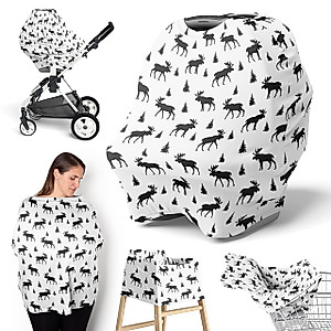 Sweet Jojo Designs Woodland Moose Boy Infant Baby Car Seat Cover Nursing Breastfeeding Shopping Cart Stroller Canopy - Black and White Forest Animal Rustic Patch