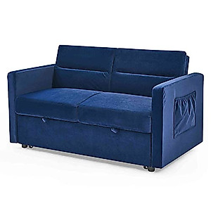 ATY Convertible Sleeper Sofa Bed, 3 in 1 Loveseat Couch with 2 Side Pockets, Put Outbed, USB Socket and Two Pillows, for Living Room, Bedroom, Guestroom, 55.5", Blue