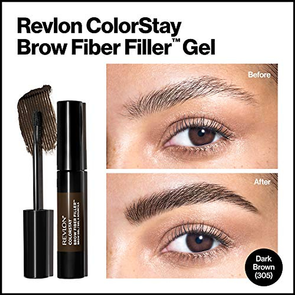 REVLON ColorStay Brow Fiber Filler, Longwearing & Volumizing Waterproof Eyebrow Gel, 305 Dark Brown, 0.23 fl. oz.