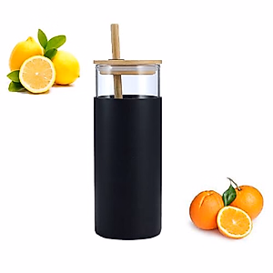 20 Oz Glass Water bottle with bamboo lid Glass Tumbler with silicone protective sleeve Cup (black) Glass water bottle Coffee cup