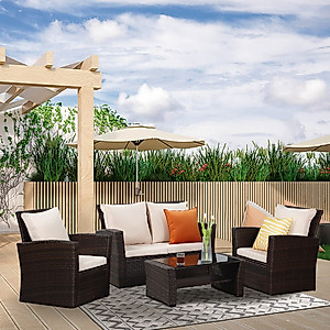 Solaste 4 Piece Patio Outdoor Furniture Sets,Patio Conversation Sofa Wicker Chair with Cushion,Hand Woven Rattan Sofa for Porch Backyard Outside Garden Lawn Yard,Brown