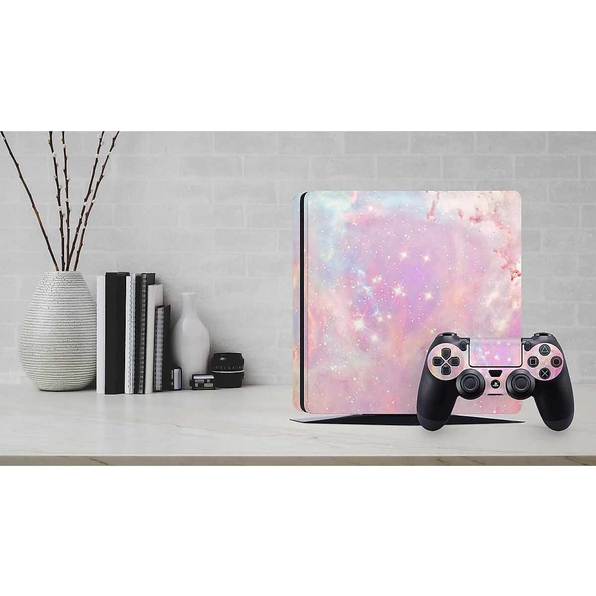 ZOOMHITSKINS Compatible with PS4 Slim Skin, Galaxy Pink Pastel Star Light Blue Rose, Durable & Fit, 3M Vinyl, Made in The USA