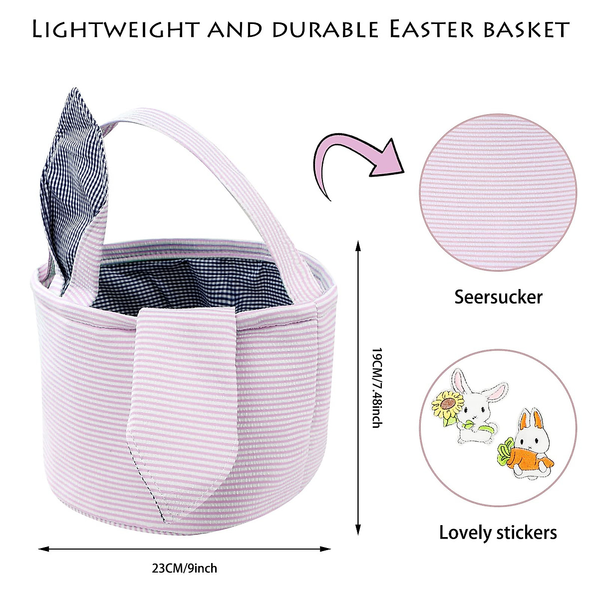 GFU Easter Basket, Seersucker Bunny Baskets for Kids, Eggs Hunt Bag with 2pcs Stickers, Cute Rabbit Ears Stripe Storage Bag, Children Personalized Easter Gifts