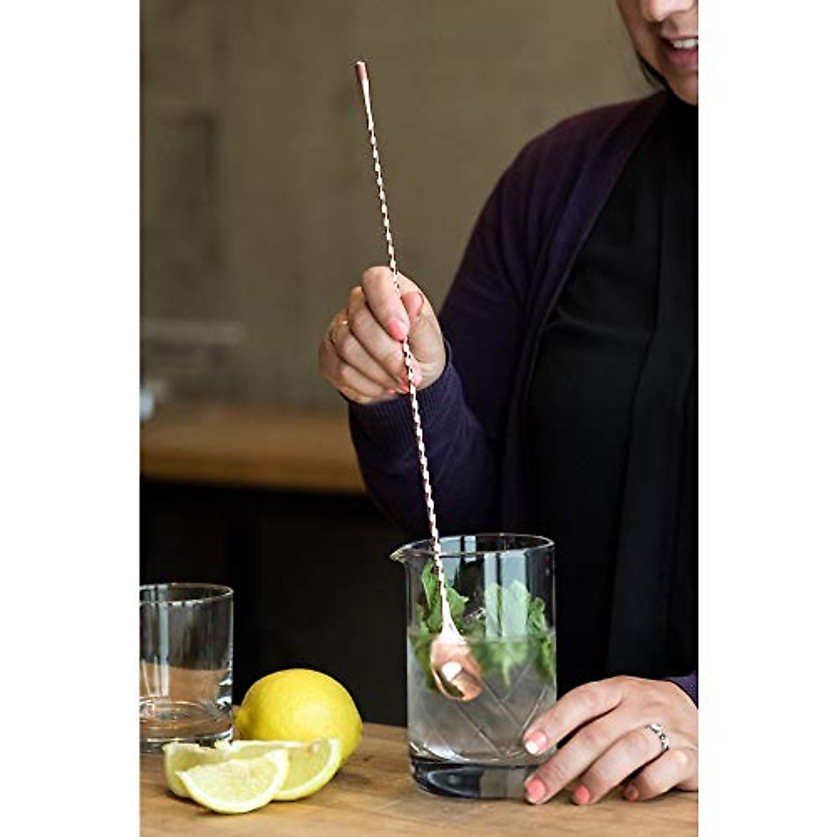 Viski Copper Weighted Stainless Steel Barspoon, Japanese Style Twisted Stem Handle, Teardrop Weight