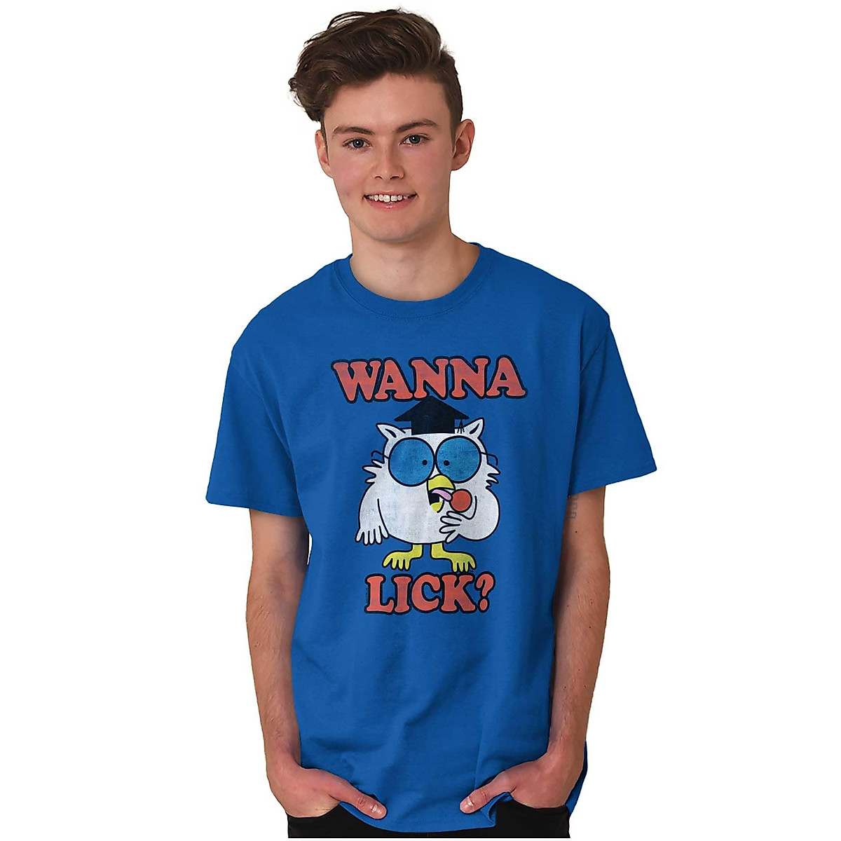 Wanna Lick Funny Mr. Owl Tootsie Pop Graphic T Shirt Men or Women Heather Sapphire