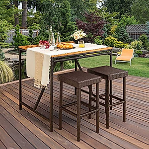 Tangkula Outdoor Bar Stool Set of 2, Patio Rattan Bar Chairs W/Galvanized Steel Frame, Anti-Slip Footpads & Cozy Footrests, Bar Height Chairs for Poolside, Outdoor Bar, Backyard (1, Mix Brown)