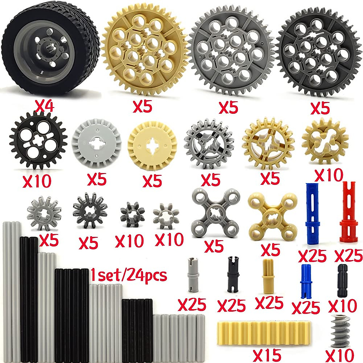 DSPITWOD Technical Gears Axle Pin Connectors - Rubble Wheels Connectors Rack Gear Screw Track Building Brick Pieces Sets Compatible with Major Brand STEM Learning Kits for Kids Age 8-14 years