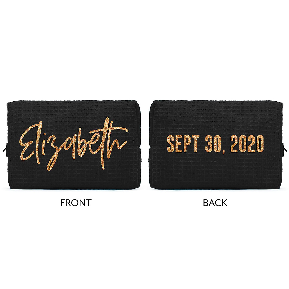 WEDDINGSTAR Women's Customizable Cotton Waffle Makeup Bag - Script Font Black