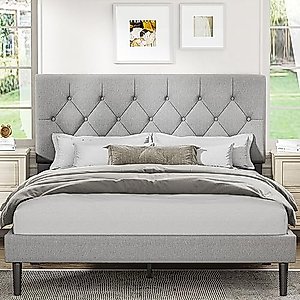 Queen Size Platform Bed Frame with Upholstered Headboard, Button Tufted Design, No Box Spring Needed, Light Grey