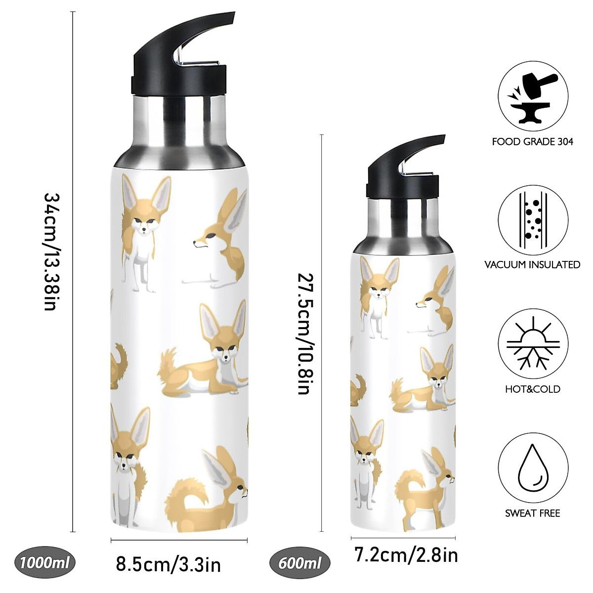 Dussdil Cute Fennec Fox Water Bottle Kid's Vacuum Insulated Tumblers Stainless Steel Cup BPA Free with Handle Straw Lid for Boys Girls Gifts 20 Oz