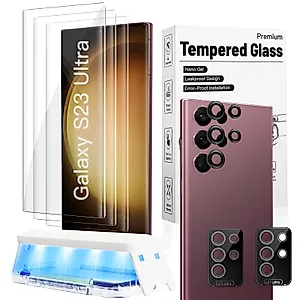 ZVELSIEM [3+2] Pack Screen Protector for Samsung Galaxy S23 Ultra 9H Tempered Glass, 3 Pack Screen Protector + 2 Pack Camera Lens Protector, Support Fingerprint Unlock 3D Curved Case Friendly