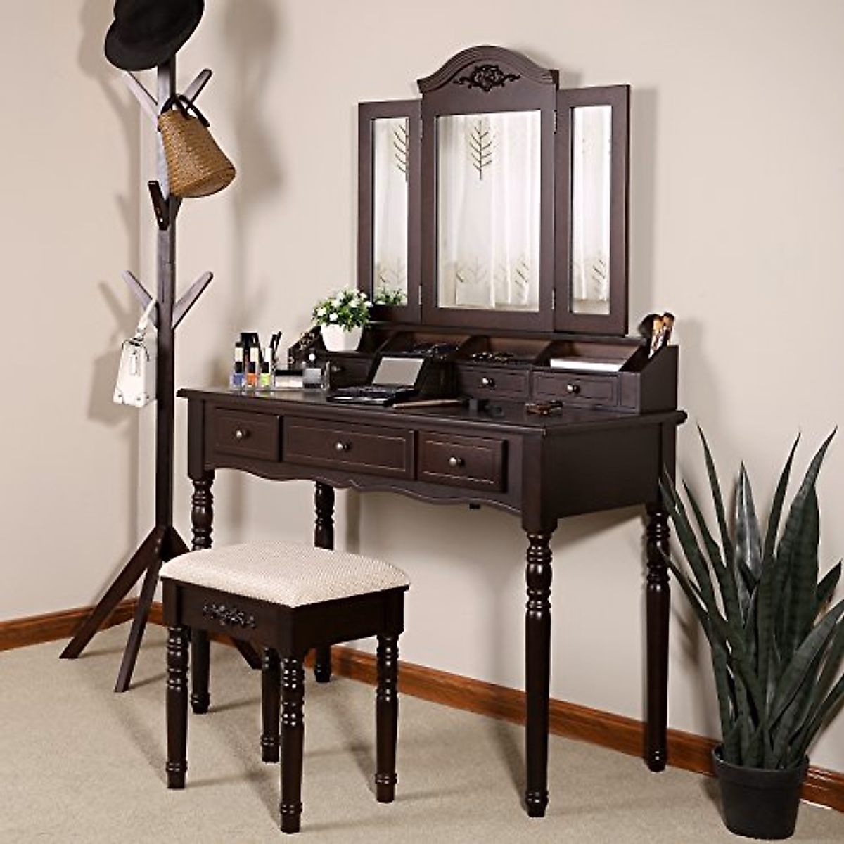 VASAGLE Vanity Makeup Set with 7 Drawers, 2 Brush Slots and 4 Open Compartments, Tri-Folding Mirror, Dark Espresso