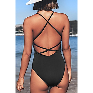 CUPSHE Women's One Piece Swimsuit Backless Tie V Neck Bathing Suit, S Black