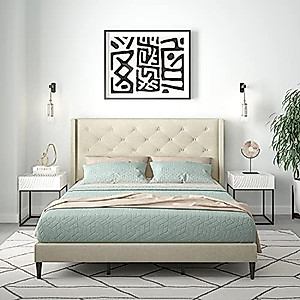 Glenwillow Home Huppe Upholstered Platform Bed Frame/Button Tufted MCM Wingback/Mattress Foundation/No Box Spring Needed/Easy Assembly, Beige, California King