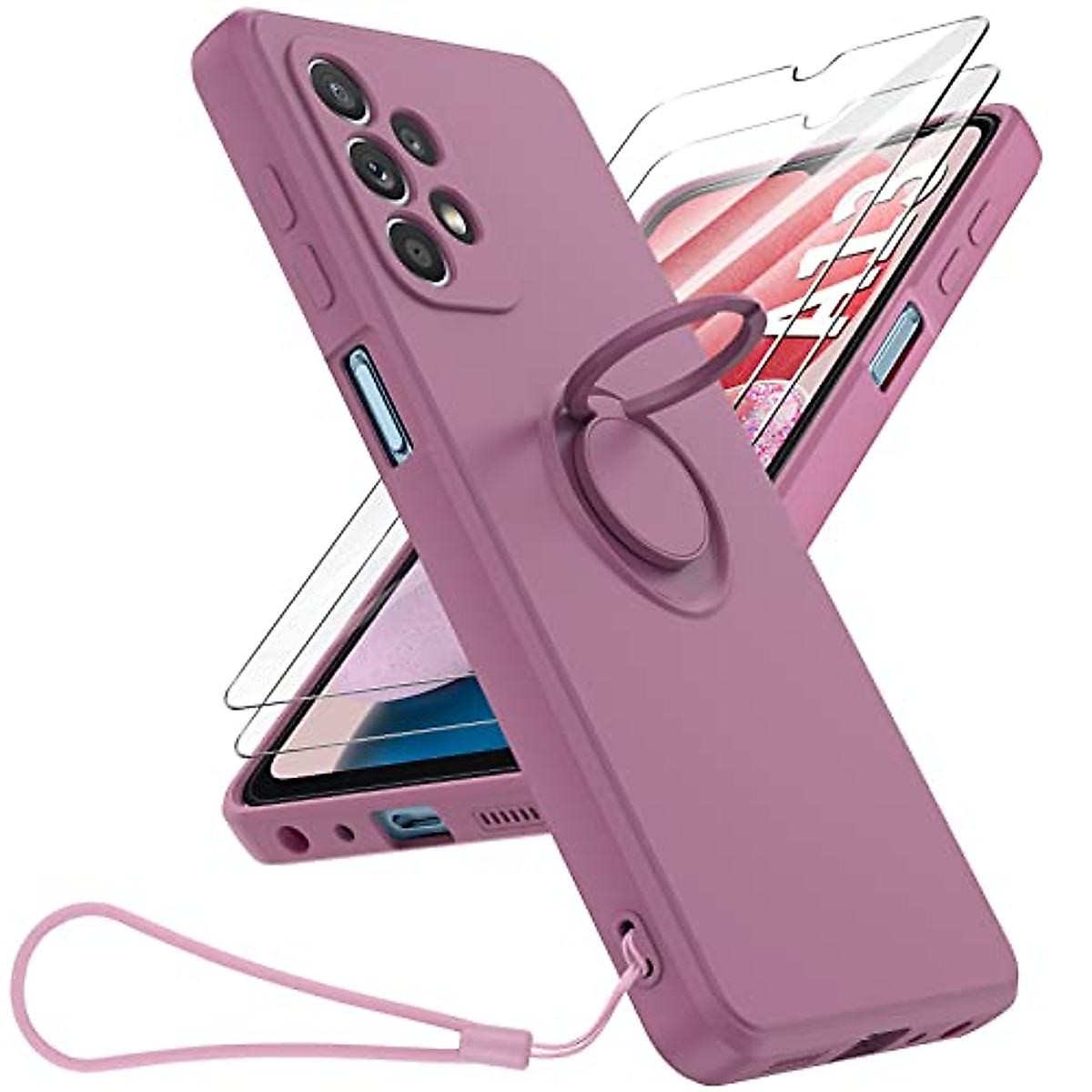 YisrLery Compatible with Samsung Galaxy A13 4G Case with Ring Kickstand and 2 Tempered Glass Screen Protector, Liquid Silicone Samsung A13 Case Microfiber Linner Anti-Scratch Shockproof Case Purple