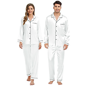 SWOMOG Couple Matching Pajamas Set Silk Satin Button Down Sleepwear Long Sleeve Nightwear 2 Pcs Pj Set Women White Large