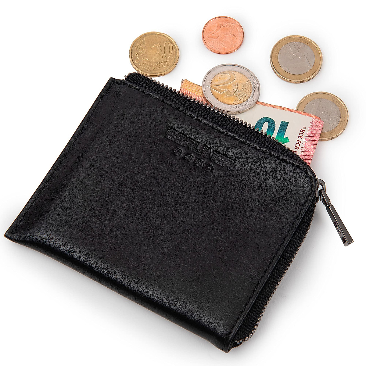 BERLINER BAGS Premium Mini Wallet Mark Flat Purse with Zipper Genuine Leather Small Case Ladies Men Thin Slim (Brown)