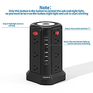 Surge Protector Power Strip with 5 USB Ports, Night Light, 18W Fast Charging Port, 10FT Extension Cord with 12 AC Multiple Outlets, Power Strips Tower, Overload Protection for Home Office Dorm Room