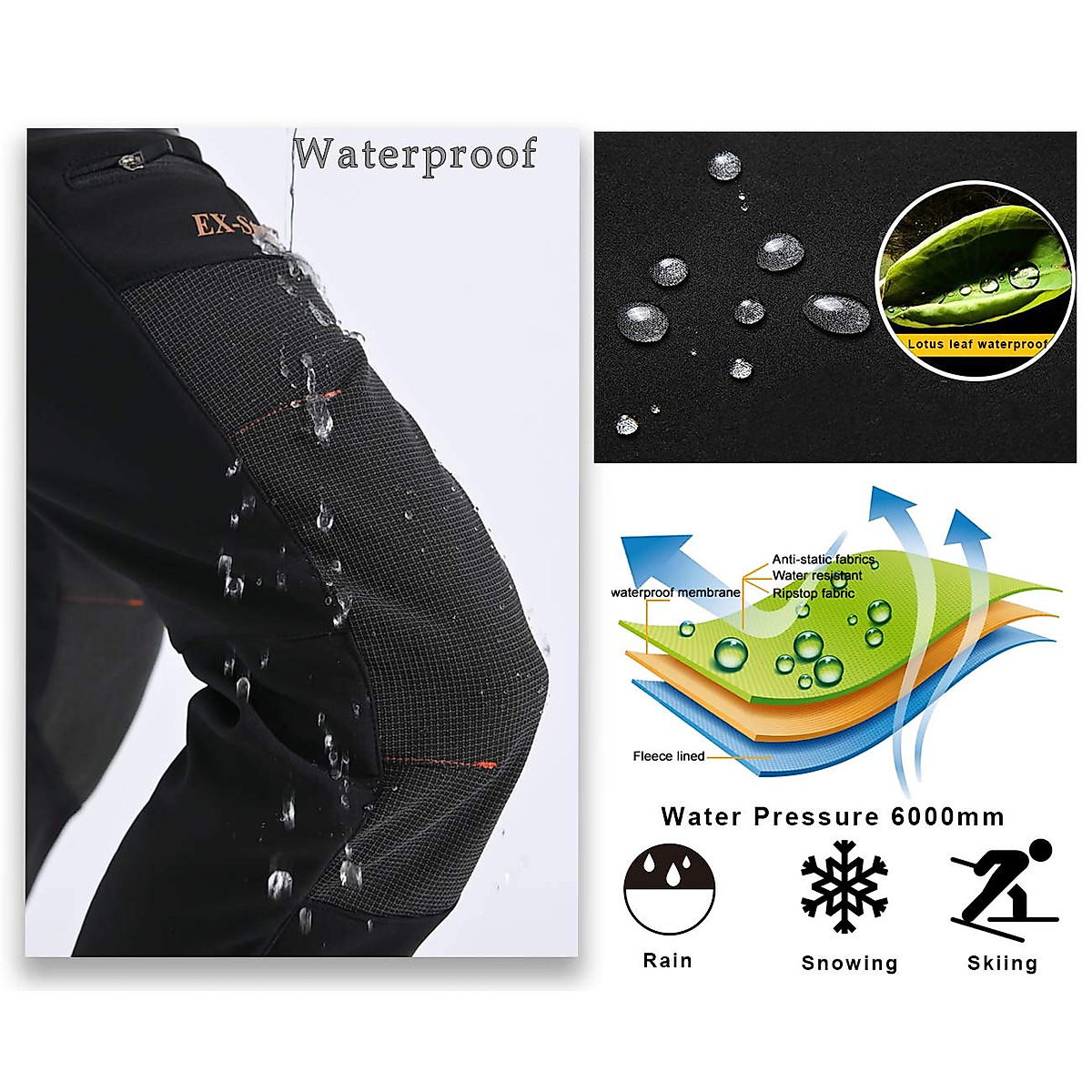 Postropaky Womens Outdoor Snow Ski Pants Waterproof Hiking Insulated Softshell Pants Snowboard Zipper Bottom Leg(Grey6S)