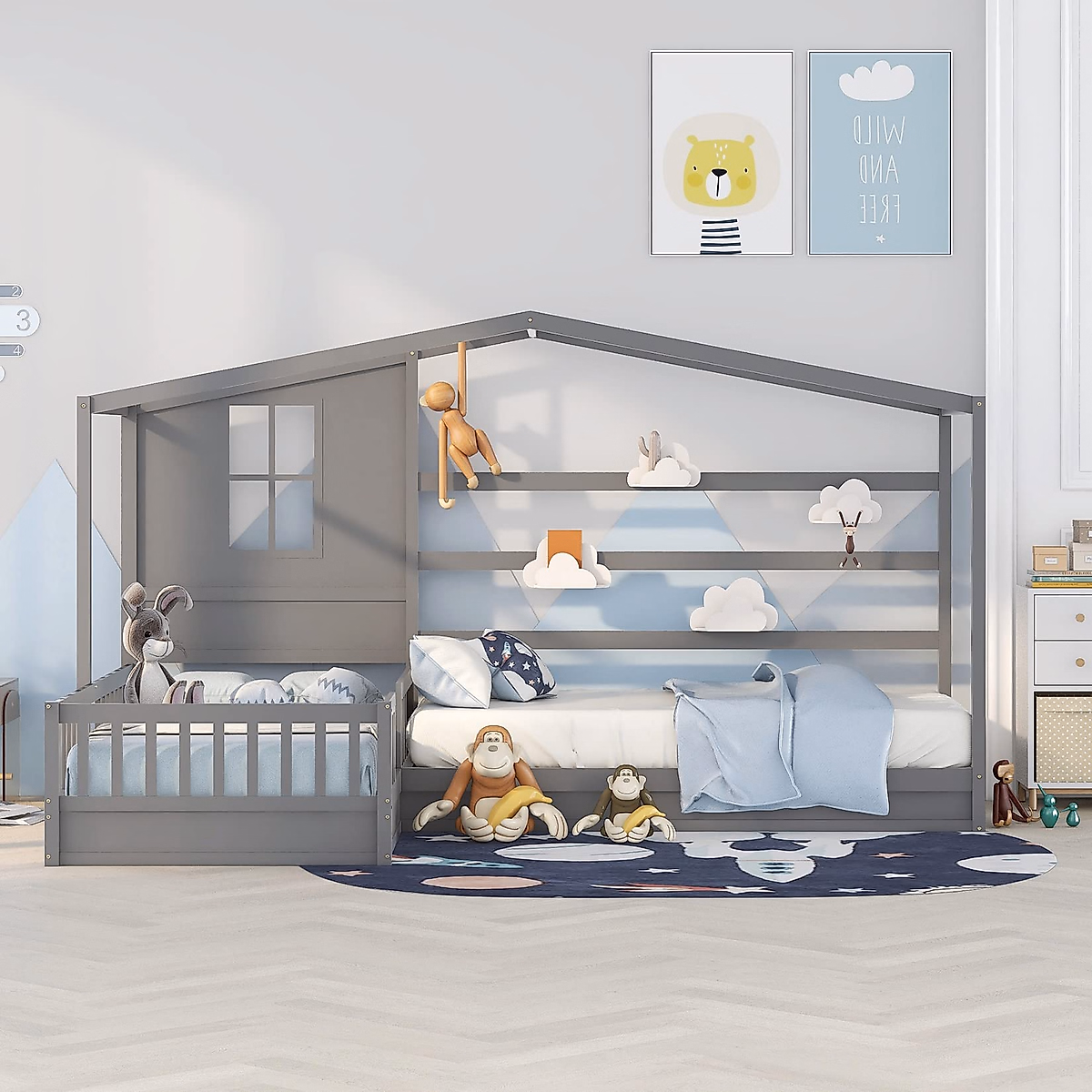 L Shaped Bed Frame with Roof, Twin Corner Bed House Bed for Kids, Solid Wood Twin Platform Bed Frame for 2 People (Twin Size, Gray)