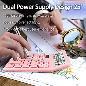 Exlliy Desk Calculator 12 Digit,Pink Desktop Dual Power Battery and Solar,Desk Calculators with Large LCD Display,Perfect for Home, Office,and School Use,Auto Sleep