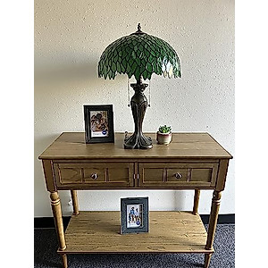 Enjoy Tiffany Style Table Lamp Green Stained Glass Leaves Included LED Bulbs Vintage for Living Room Dining Room Bedroom Bedside Office Hotel H24*W16 in
