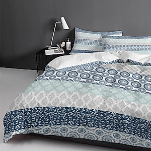 Duvet Cover Set California King Size Boho Comforter Sets 3 Pieces, Bohemian Geometric Stripes Teal Grey Bedding Set with Zipper Closure and 2 Pillow Cases, Soft Lightweight Bed Covers Bedroom Decor