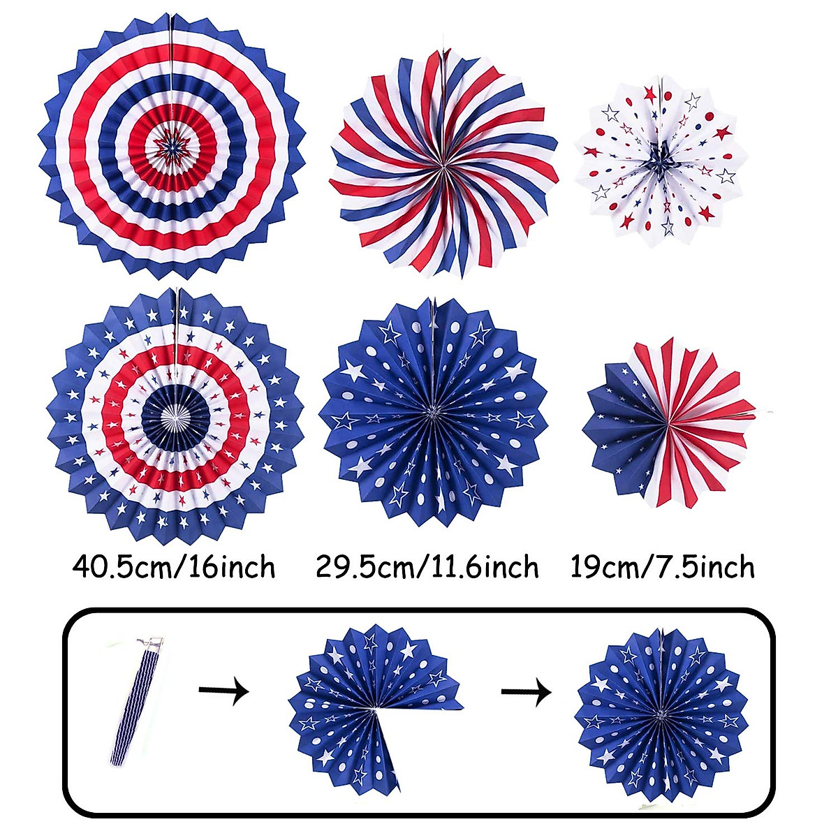 ZERODECO USA Party Supplies, Navy Blue Red Paper Fans Set Pom Poms Star Streamer Hanging Swirls USA Flag for 4th of July Day Patriotic Decorations Birthday Wedding Graduation Independence Day