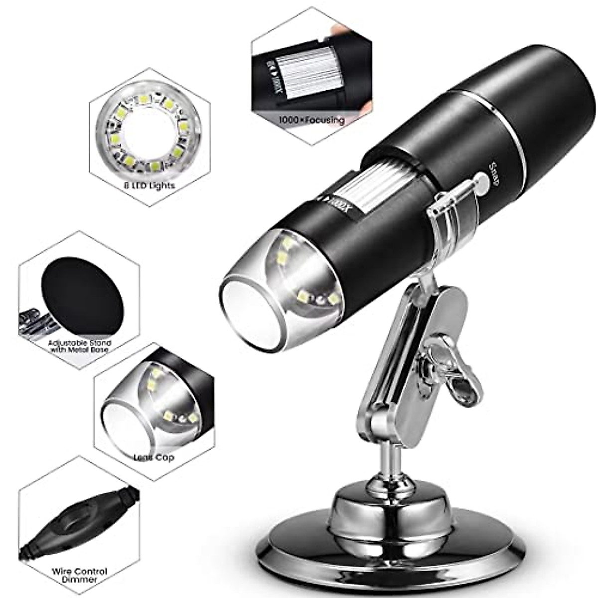 Handheld USB Digital Microscope with Metal Stand, Portable HD 1000 X Magnification Inspection Camera with 8 LED Light for Android Mac Windows Computer