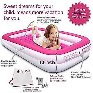 EnerPlex Kids Inflatable Travel Bed with High Speed Pump, Portable Air Mattress for Kids on The Go, Blow up Toddler Travel Bed with Sides – Built-in Safety Bumper - Pink