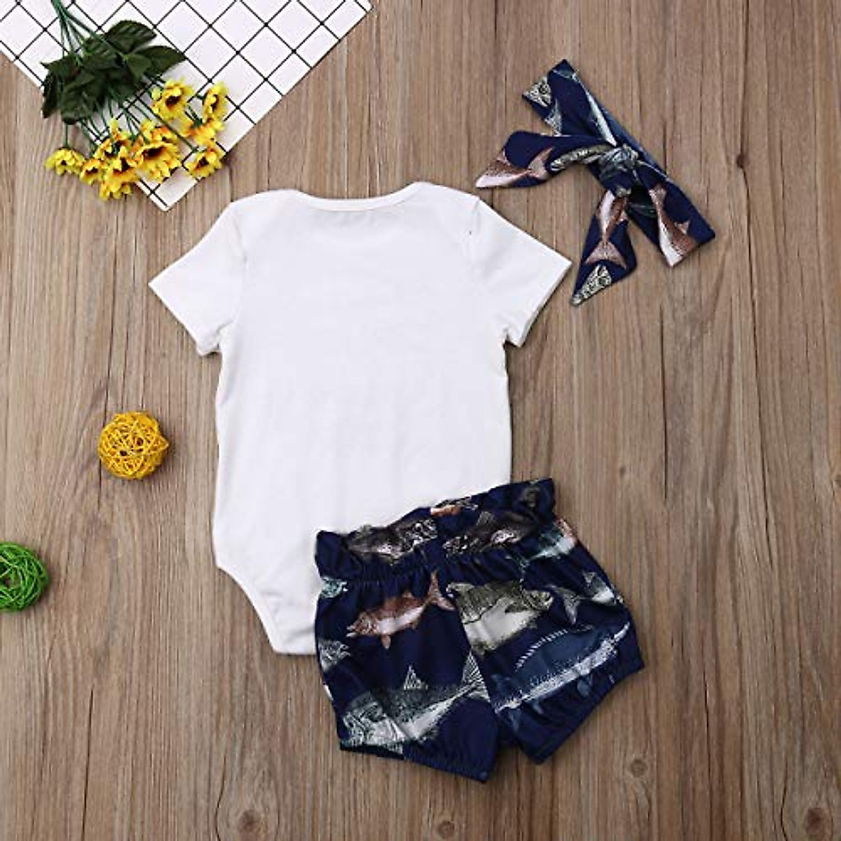 Newborn Infant Baby Girls Boys Clothes Letter Print Romper Bodysuit Cute Fishing Ruffles Shorts Pants Headband Outfits Set (White, 6-12 Months)