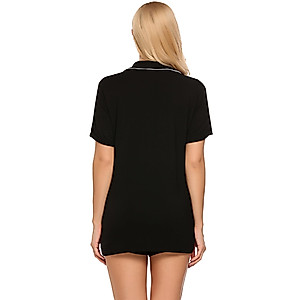 Ekouaer Pajamas Set for Women Short Sleeve Sleepwear Notch Collar Button Down Nightwear Soft Pjs Lounge Set,Black,XX-Large