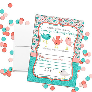 A Little Birdie Told Me Themed Birthday Party Celebration Invitations, 20 5x7 Fill In Cards with Twenty White Envelopes by AmandaCreation