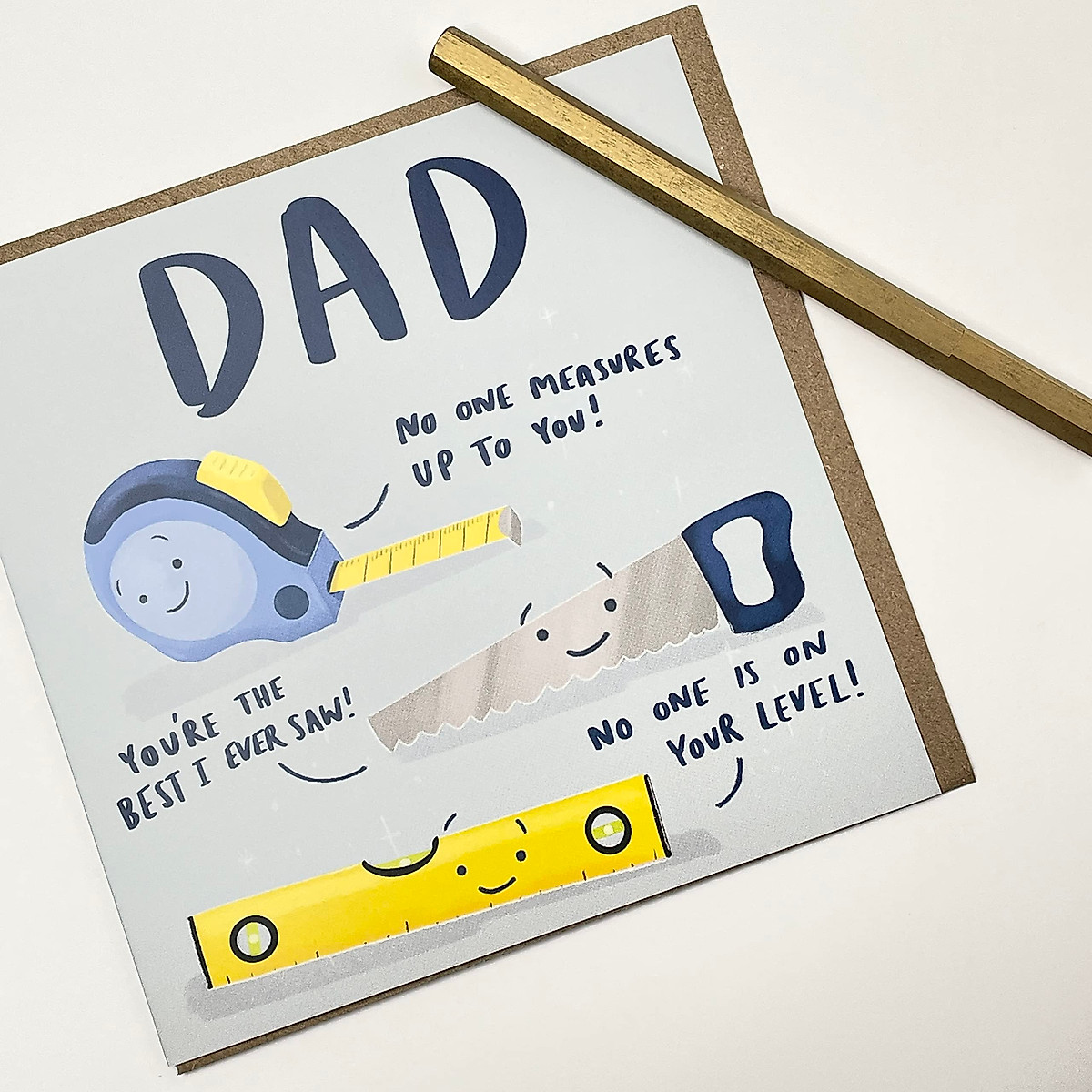 Old English Co. No One Measures Up To You Card for Dad - Birthday Card for Dad - Fun Birthday Greeting Card for Him Men - Fun DIY Tools Pun Card from Son Daughter | Blank Inside with Envelope