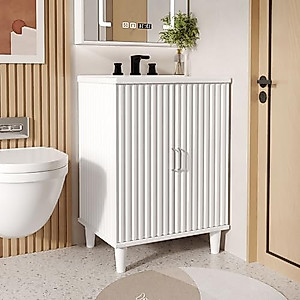 Merax, White 24" Bathroom Vanities Cabinet with Sink, Freestanding Multi-Functional Storage Organizer, Two Doors and Adjustable Shelves