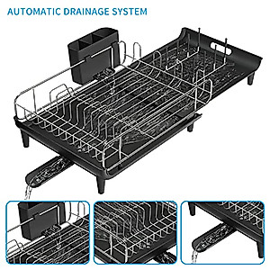 JINGFU Dish Drying Rack - Stainless Steel Dish Racks for Kitchen Counter, Large Dish Drying Rack with Drainboard, Dish drainers for Kitchen Counter,Expandable Dish Rack for Cups, Cutlery, Pot&lid
