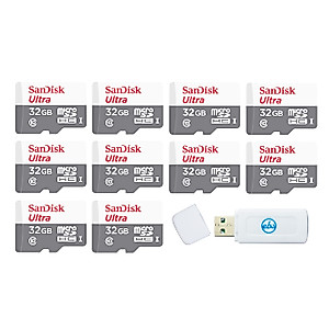 Sandisk 32GB 32G Micro SDHC Ultra (10 Pack) MicroSD TF Flash Memory Card High Speed Class 10 SDSQUNR-032G-GN3MN with Everything But Stromboli Memory Card Reader
