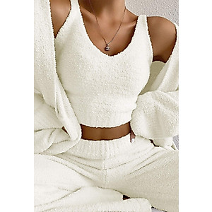 Fixmatti Women's Fuzzy 3 Piece Sweatsuit Open Front Cardigan Crop Tank Tops Wide Legs Pants Lounge Sets (Small, 1-White)