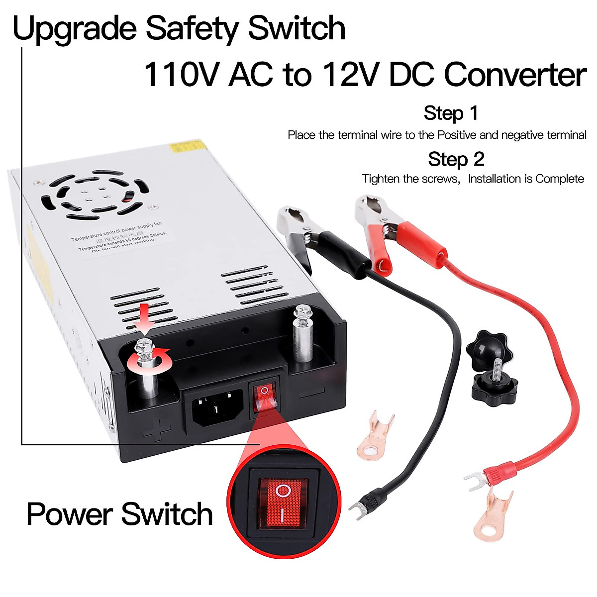 High-Power SMPS 110V/220V AC to 12V DC Converter - 50A 600W Power Supply - Adjustable Switch Transformer for LED Strip, LCD Monitor CCTV, Radio/Car Stereos, 3D Printer - includes 2 Clamp Wires