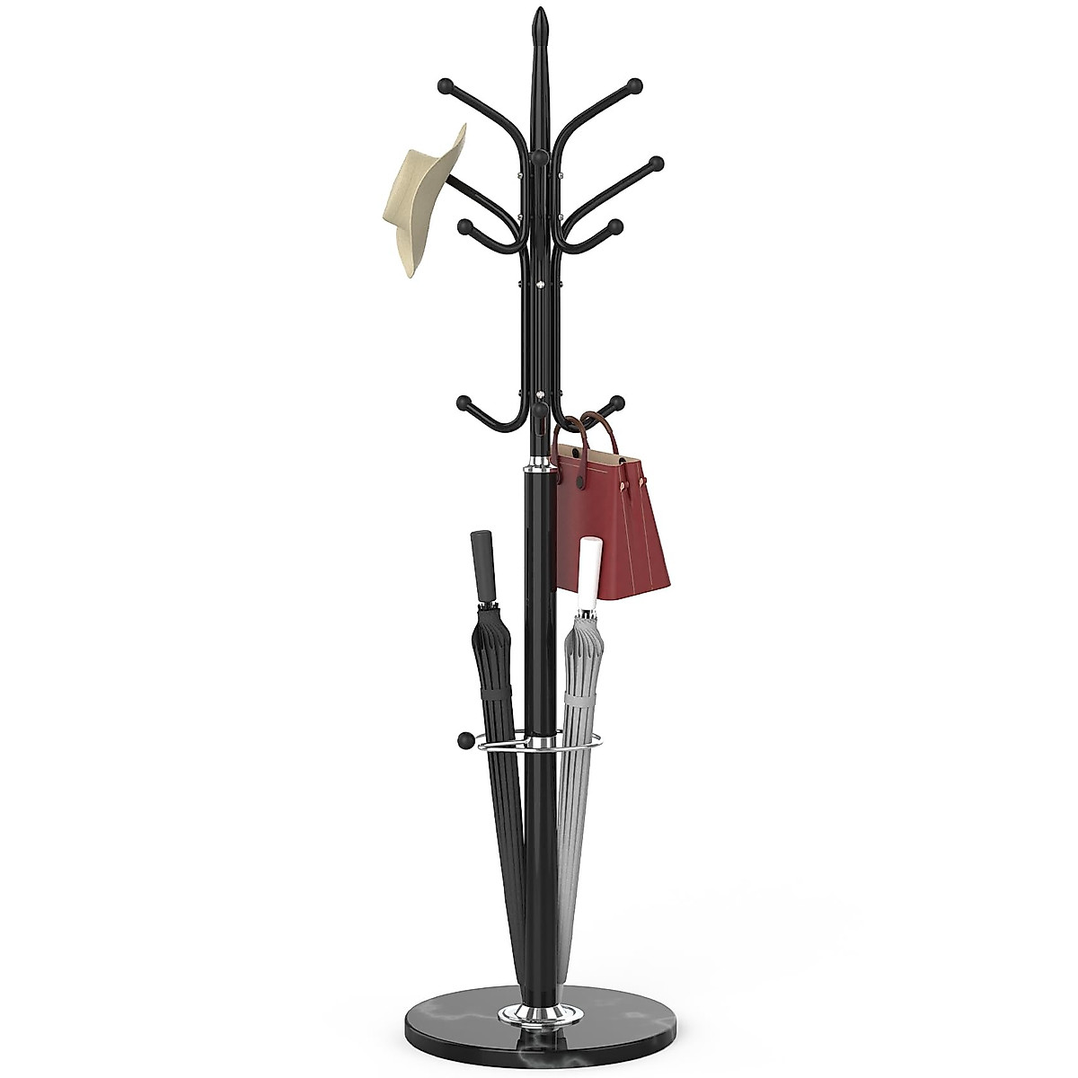 Durmmur Metal Coat Rack Freestanding, Coat Hanger Stand With Natural Marble Base, Standing Coat Rack With Umbrella Holder, Hall Tree With 12 Hooks For Clothes, Hats, Scarves, Entryway(Black)