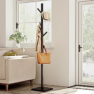JOISCOPE Wooden Coat Rack Freestanding, Sturdy Coat Tree with 3 Adjustable Sizes, 8 Hooks and Easy to Assemble Coat Hanger for Coats, Hats, Scarves, Clothes and Handbags，Square(Black)