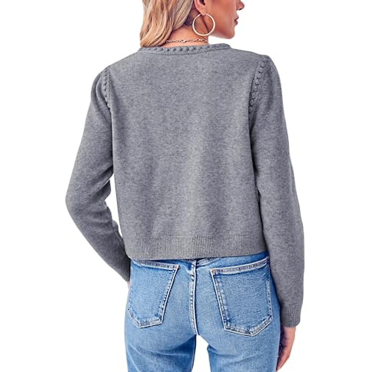 Esobo Womens Knit Cardigan Sweaters Open Front Long Sleeve Cropped Trendy Jacket Outerwear(Grey,Large)