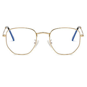 JOVAKIT Polygon Blue Light Blocking Glasses for Women Men Fashion Vintage Small Square Non-prescription Metal Eyeglasses (Gold)