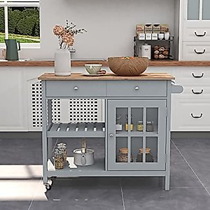ChooChoo Rolling Kitchen Island, Portable Kitchen Cart Wood Top Kitchen Trolley with Drawers and Glass Door Cabinet, Wine Shelf, Towel Rack, Gray