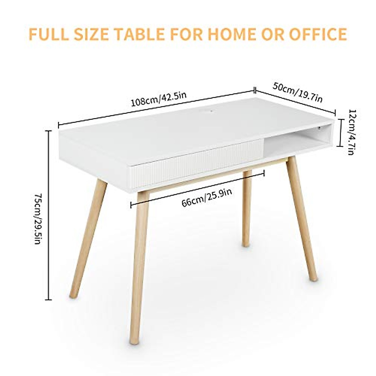White Desk Mid Century Modern Desk Wooden Desk with Drawer Small Office Desk Mid Century Computer Desk White Makeup Table, by Artswish