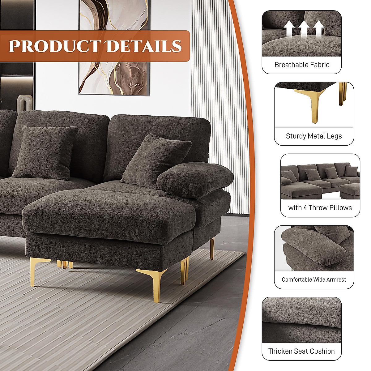 OUYESSIR U-Shaped Sectional Sofa Couch, 4 Seater Sofa Set for Living Room, 110" Convertible L-Shaped Chenille Couch Set with Chaise Lounge, Ottoman and Pillows (Grey)